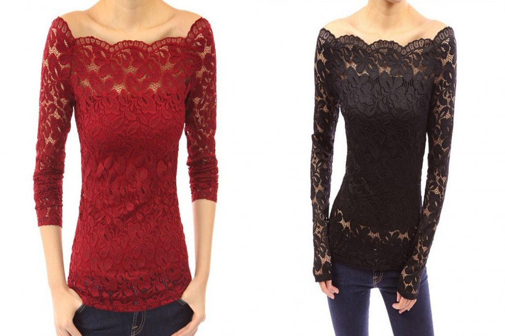 Women Lace Long-sleeve Top Slim Fit Lace Shirt Stylish Lace Skew Collar ...