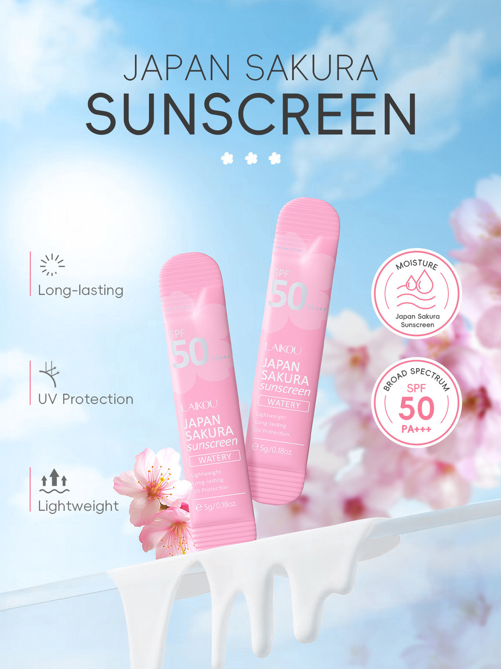 LAIKOU Japan Sakura Face Sunscreen SPF50 PA+++ Lightweight Sunblock UV ...