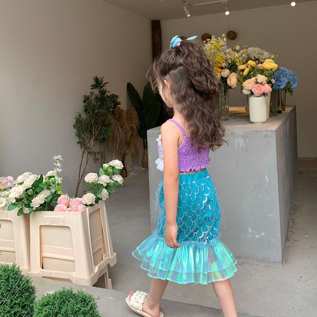 Mermaid Costume Kids Girl Sling Crop Top Skirt Set Disney Princess ...