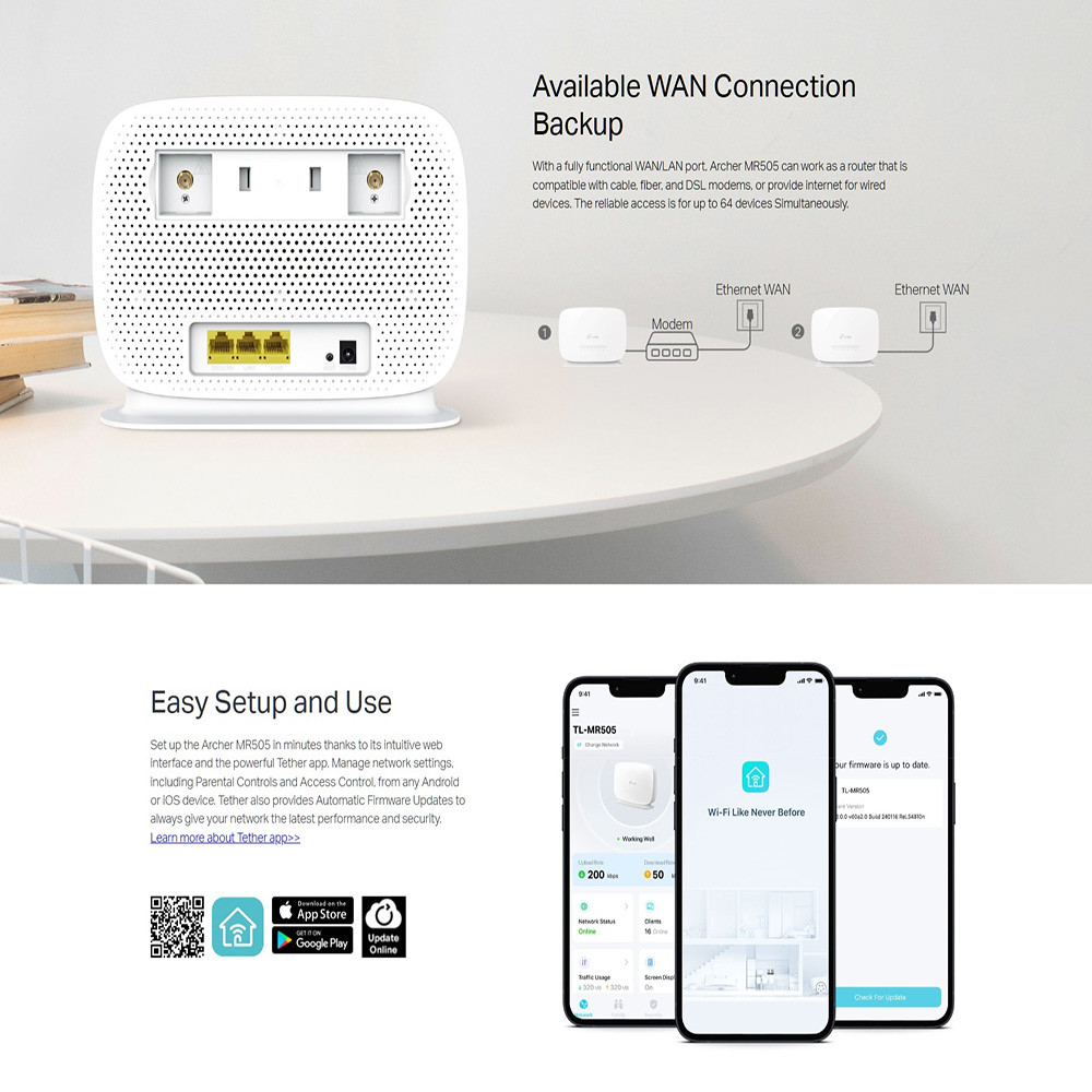 TP-Link TL-MR505 Sim Card 4G+ Cat6 AC1200 Wireless Dual Band Gigabit ...
