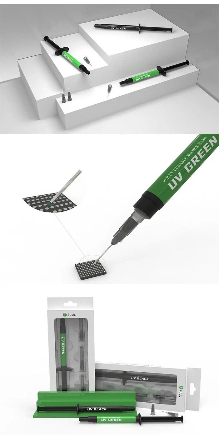 2UUL UV PCB SC53 Curable Solder Mask With 3pcs 6mm Super Thin Needles Mobile Phone Black Green ...