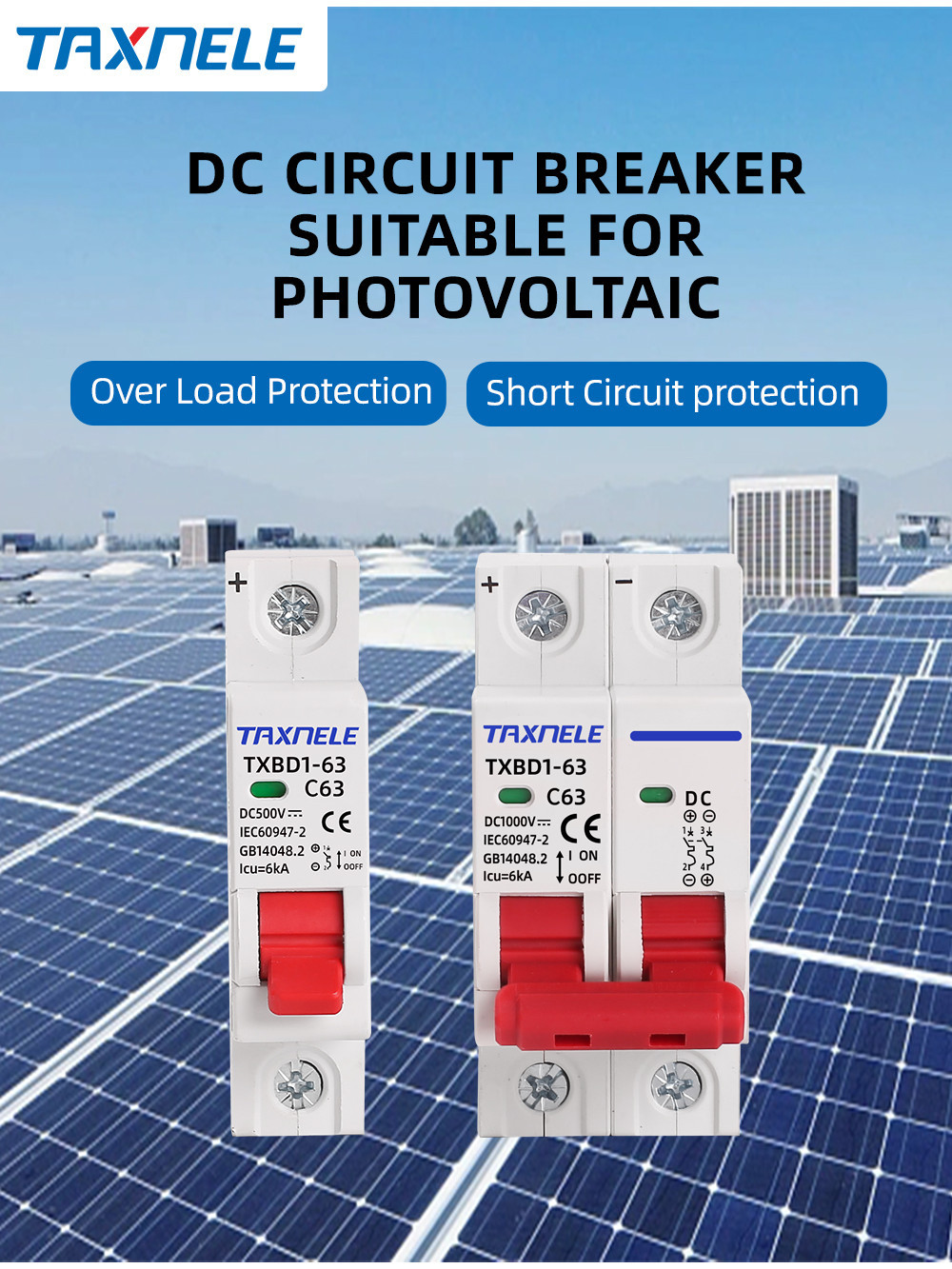 DC 500V 1P 2P Solar Circuit Breaker Overload Protection 32A 40A 50A 63A ...