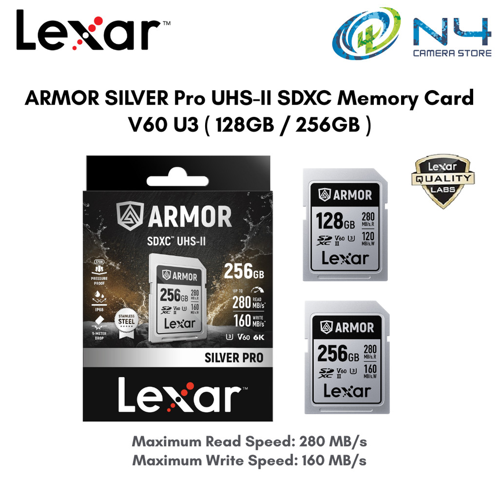 Lexar 128GB ARMOR SILVER Pro UHS-II SDXC Memory Card C10 U3 V60 6K UHD ...