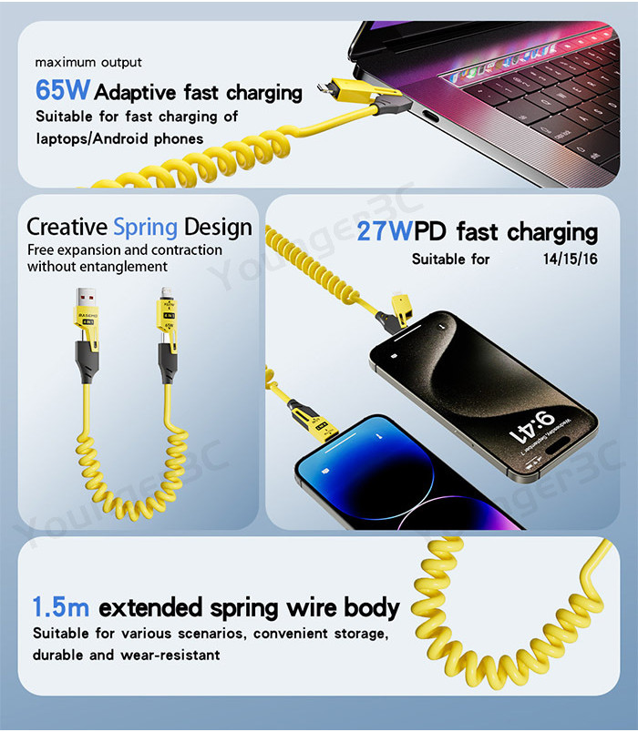 4 In 1 Spring Telescopic Cable For ios15/16 Type C 65W Super Fast ...