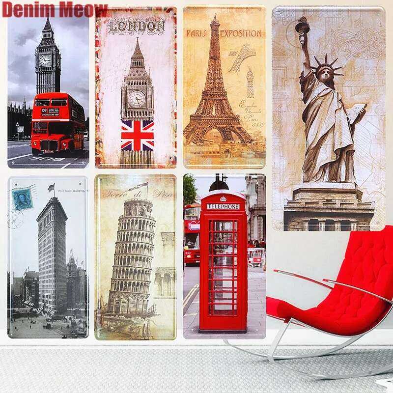 Nostalgia Vintage Metal Plates, Leaning Tower of Pisa, London Bus ...
