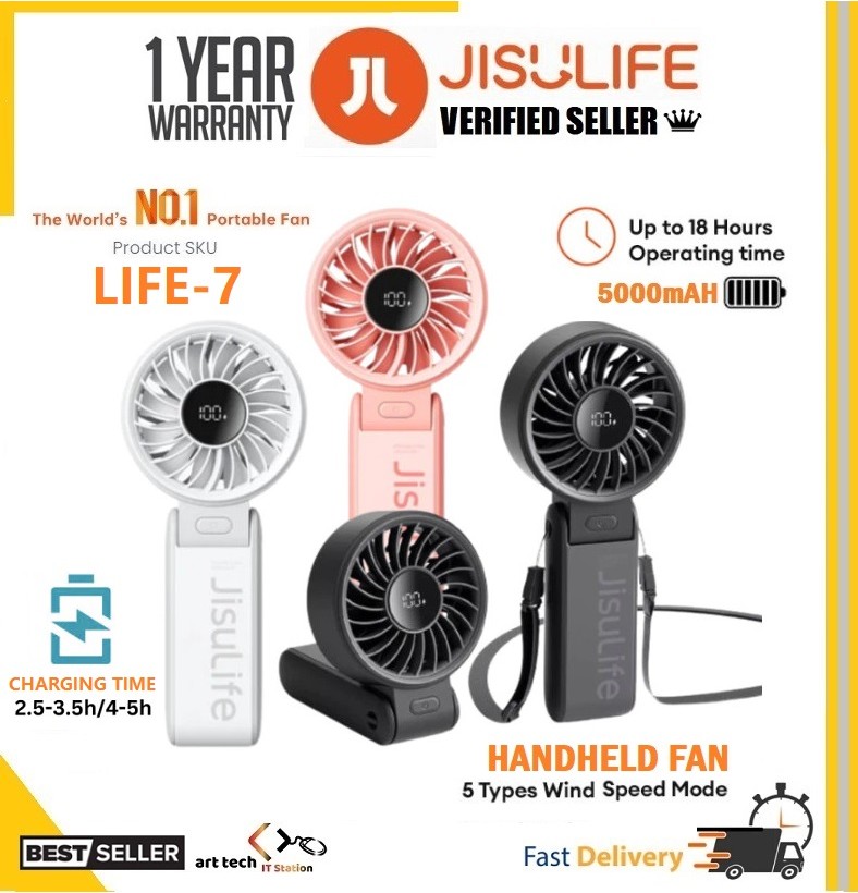 JISULIFE PORTABLE HANDHELD FAN LIFE7 5000MAH 19.5 HOUR COOLING FOLDABLE ...