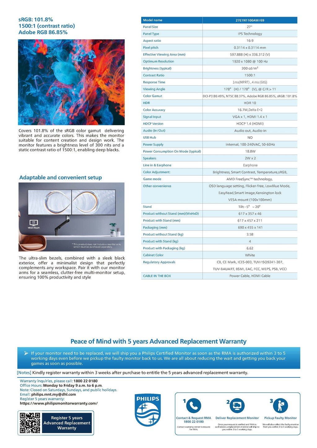Philips 24" 24E1N1100AW / 27" 27E1N1100AW FHD White Monitor | IPS 100Hz ...