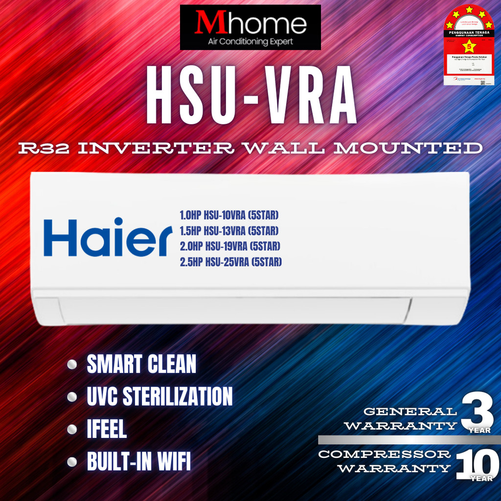 [5 STAR] Haier R32 Inverter Series 1.0HP- 2.5HP Air Conditioner HSU-VRA ...