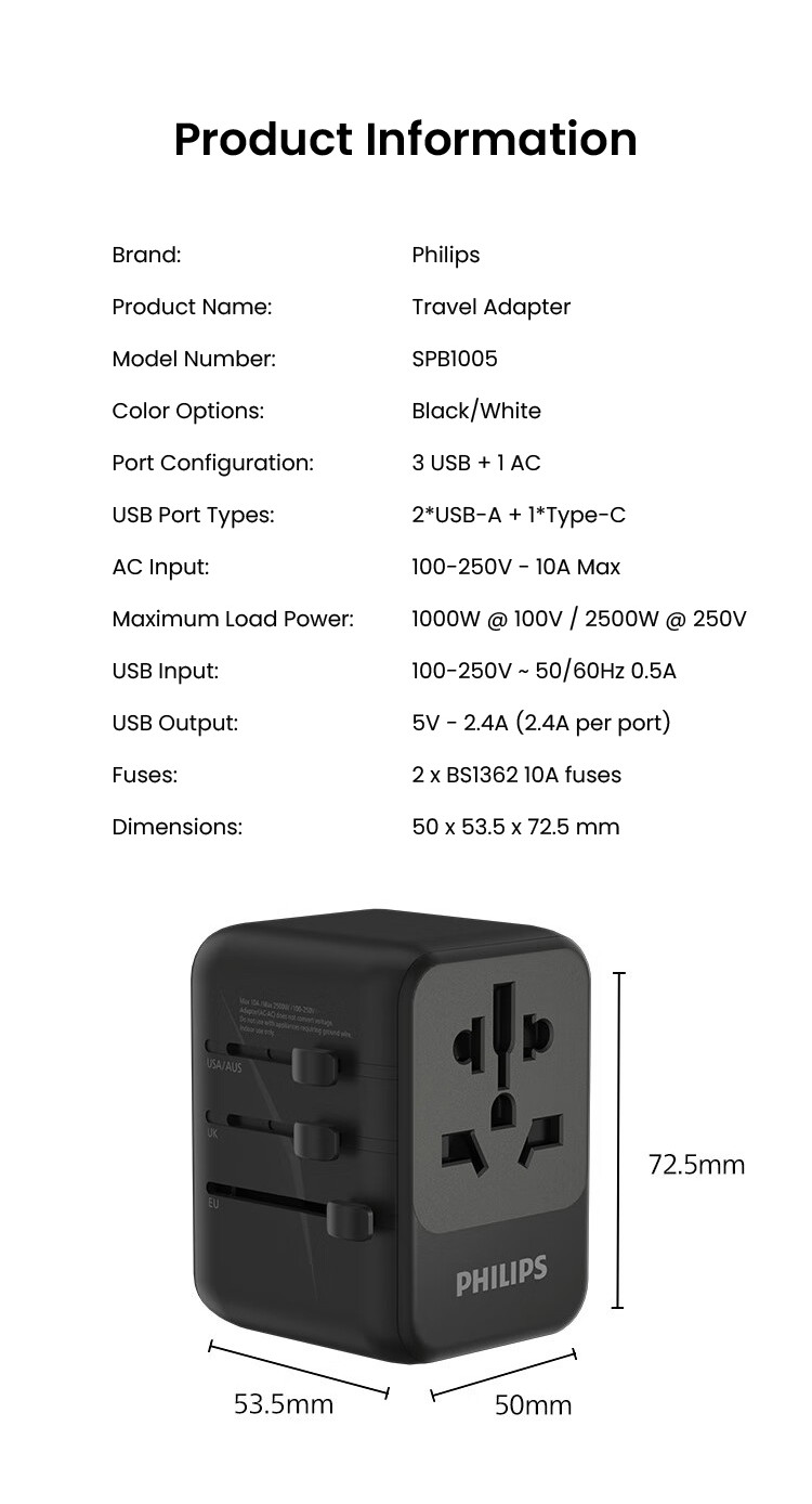 Philips Travel Adapter Plug 15W Global Universal British Standard ...