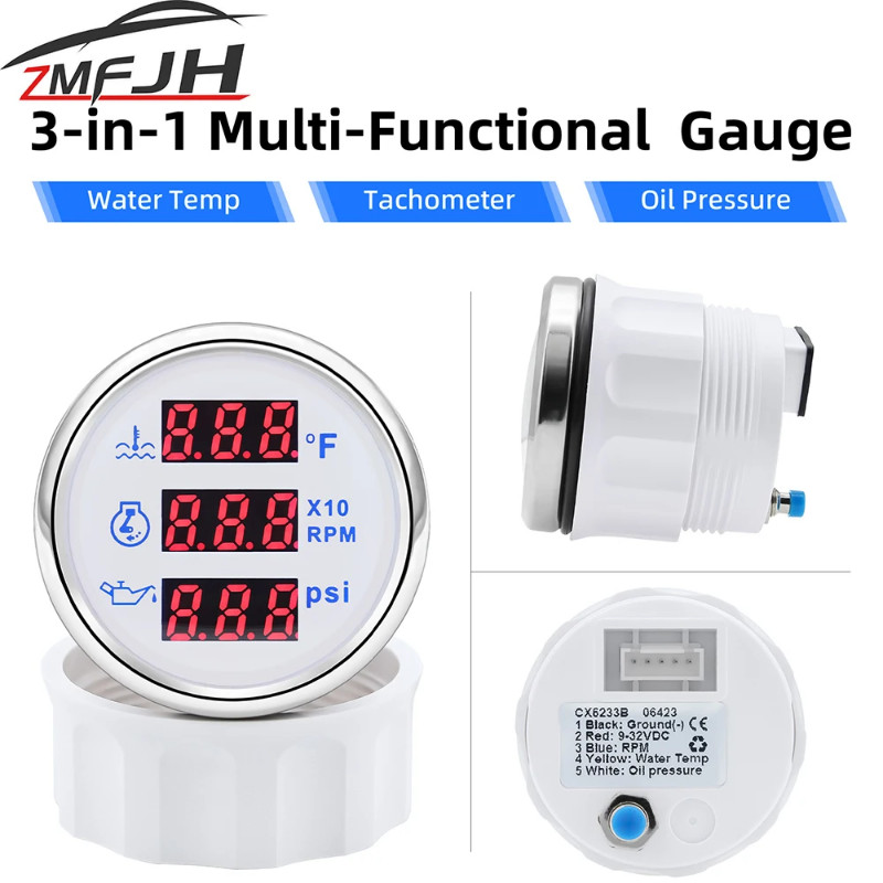 52MM 3 in 1 Gauge Tachometer Oil Pressure Gauge Water Temperature Meter ...