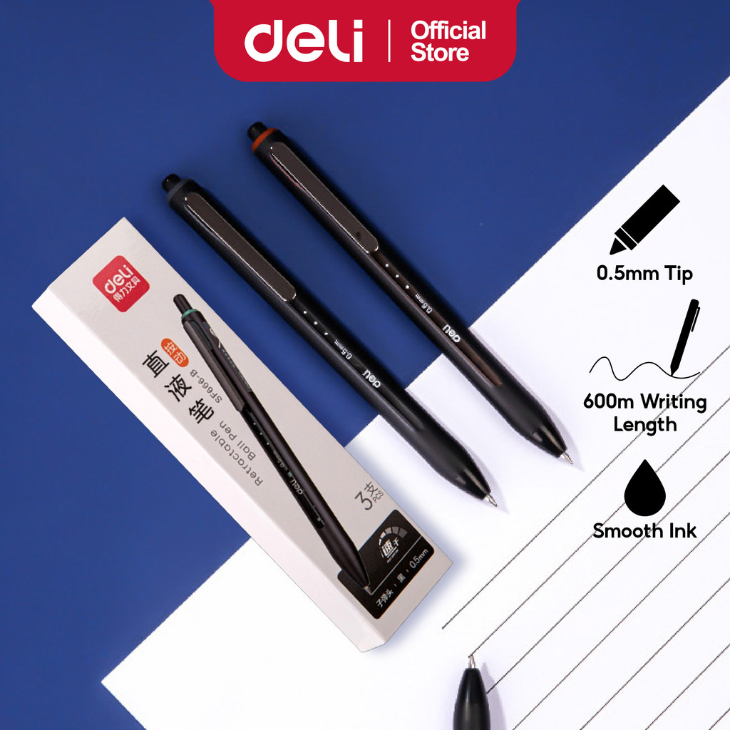 Deli Retractable Direct Ink Roller Ball Pen 0.5mm Black (3 Pcs) Gel Pen ...