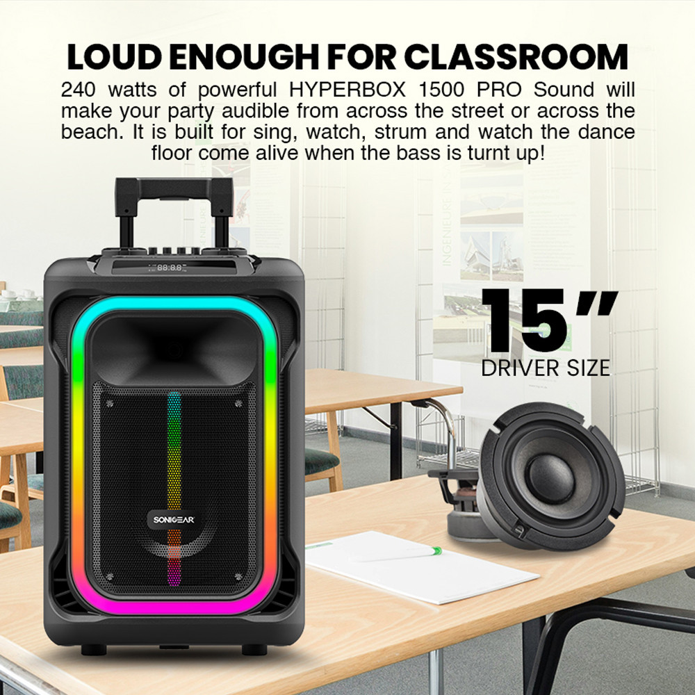 SonicGear HyperBox 1500 Pro Bluetooth USB Outdoor RGB Trolley Speaker with 2 Wireless Mic ...