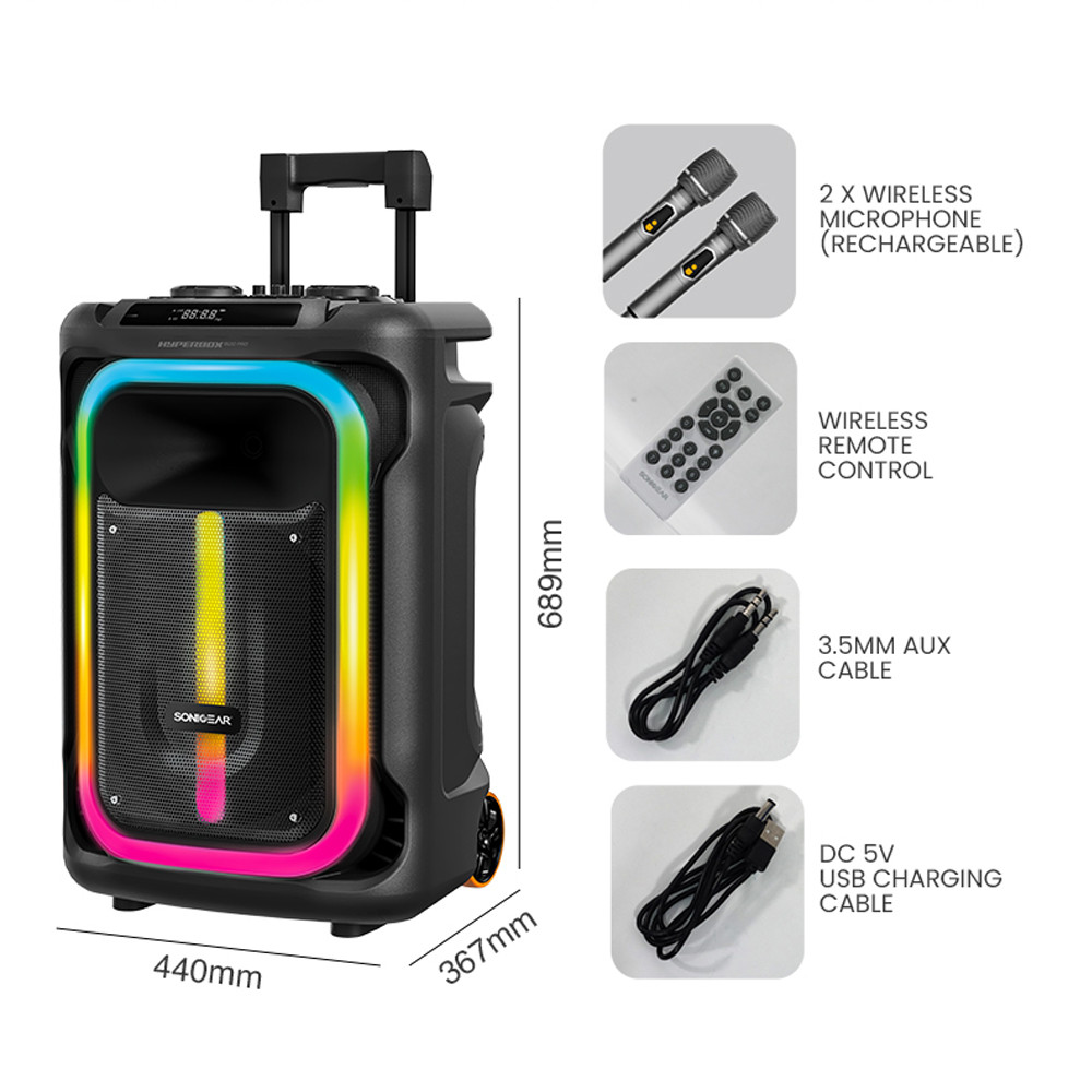 SonicGear HyperBox 1500 Pro Bluetooth USB Outdoor RGB Trolley Speaker with 2 Wireless Mic ...