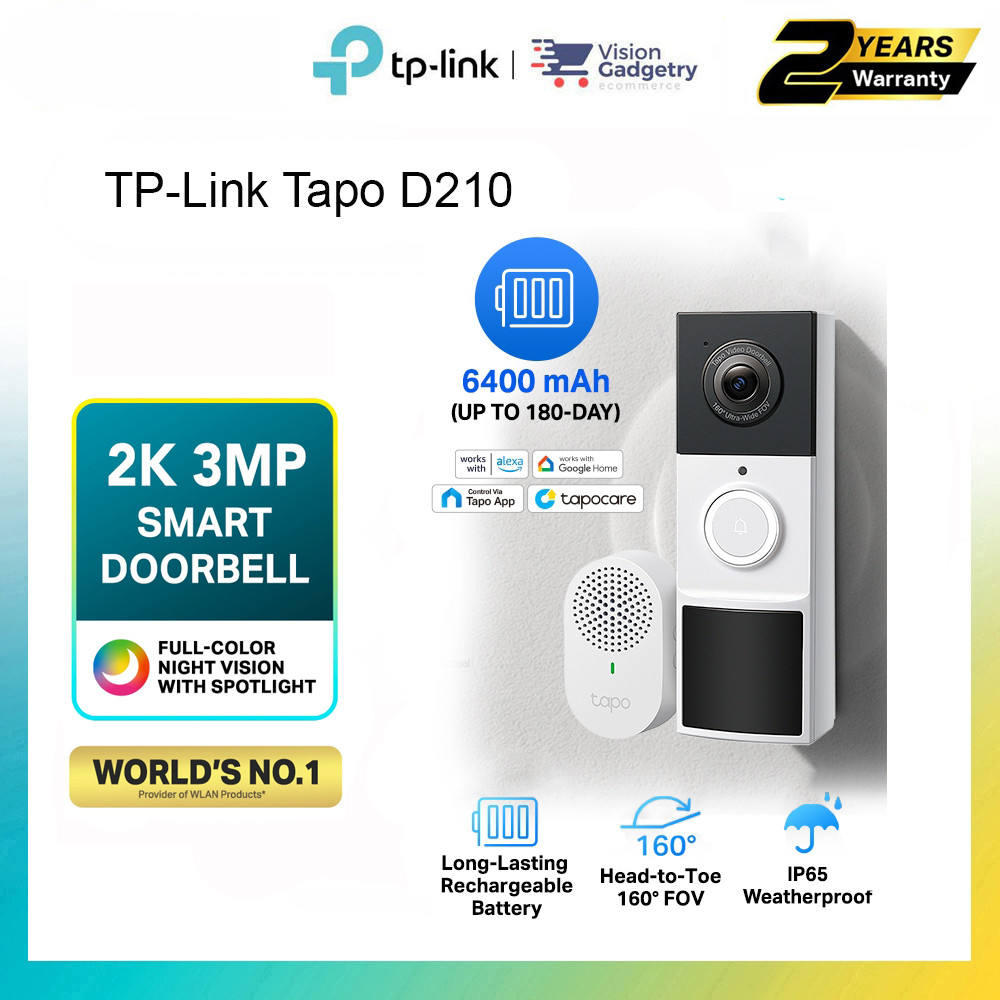 TP-Link Tapo D210 2K 3MP Wireless Smart Battery Video Doorbell Wifi IP65 Full Color Night Vision ...