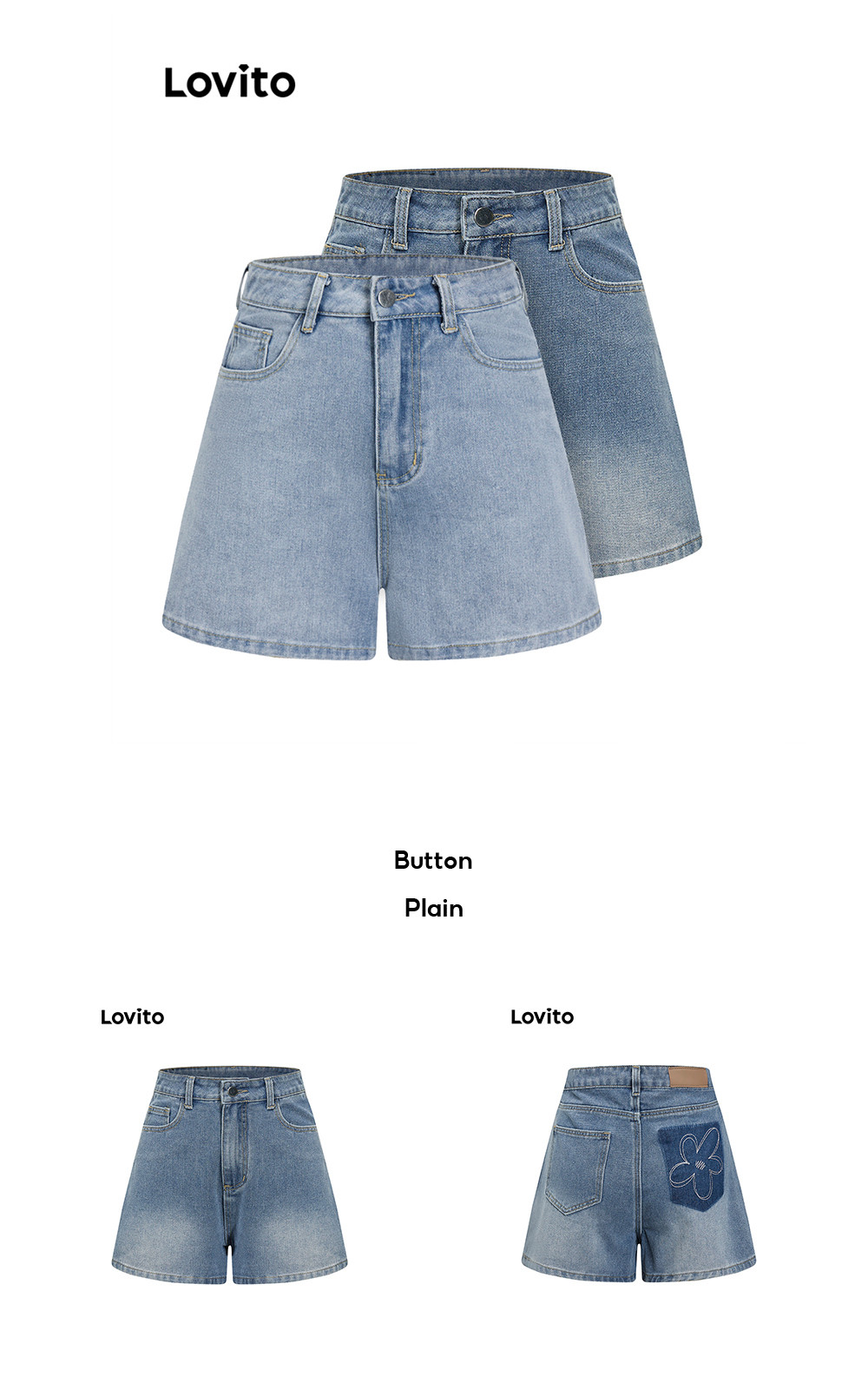 Lovito Casual Plain Button Denim Shorts for Women L82AD168 (Multi-color ...