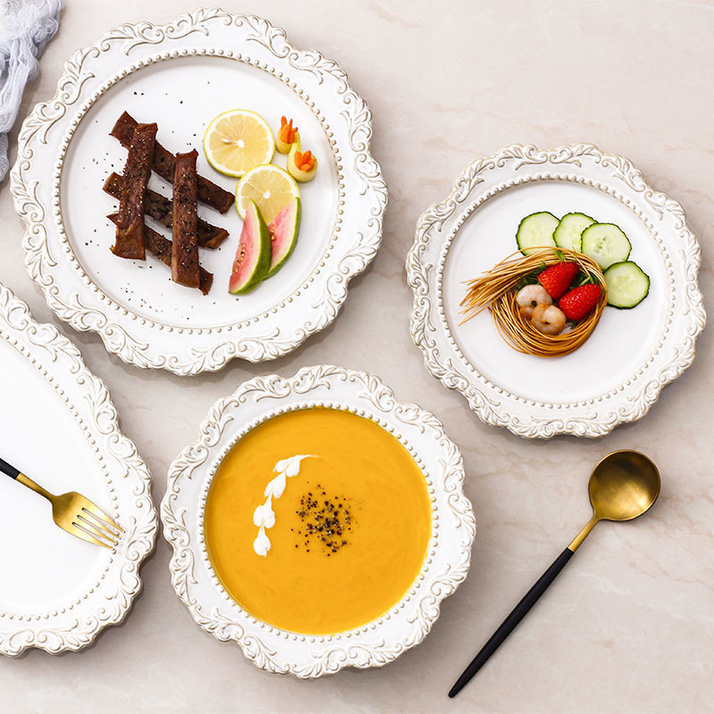 Ceramic Plate Retro Embossed Flower Deep Plate Dim Sum Plate Household ...