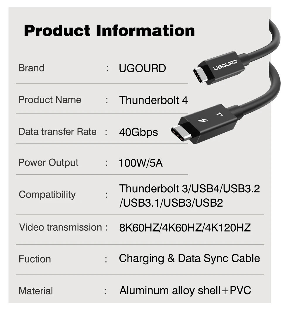 UGOURD 0.8m Thunderbolt 4 coaxial cable USB4 type c to type c 40Gbps PD 100W Fast charging Cable ...