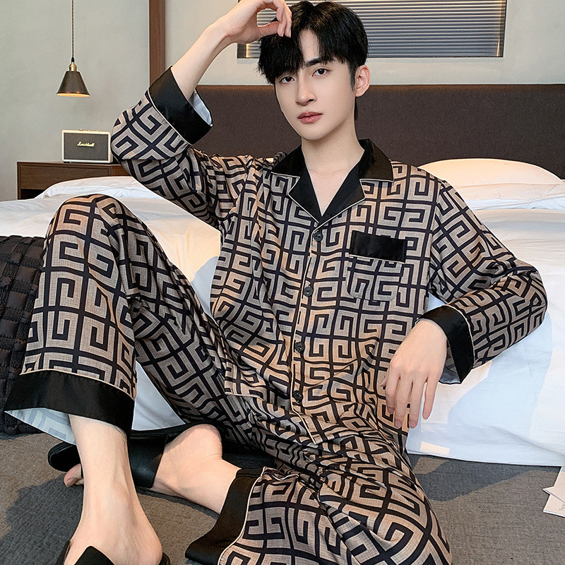 Men's Long Sleevedn Pajama Set Ice Silk Spring Men's Thin Style Home ...