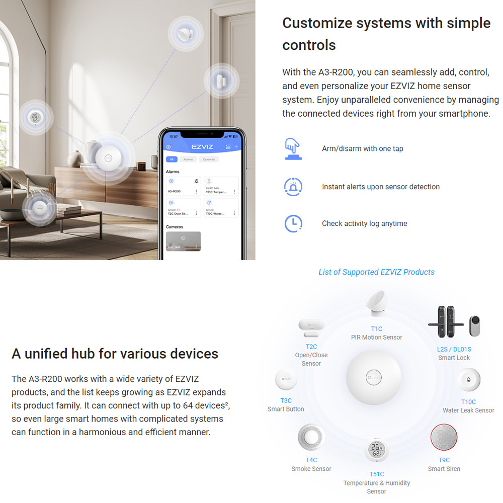 EZVIZ A3-R200 Smart Home Gateway Works with T1C PIR Sensor T2C OPEN ...