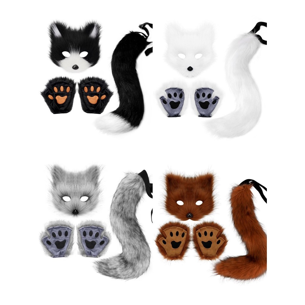 Halloween Handmade Plush Fox Suit Simulation Fox Mask Beast Tail Cos ...