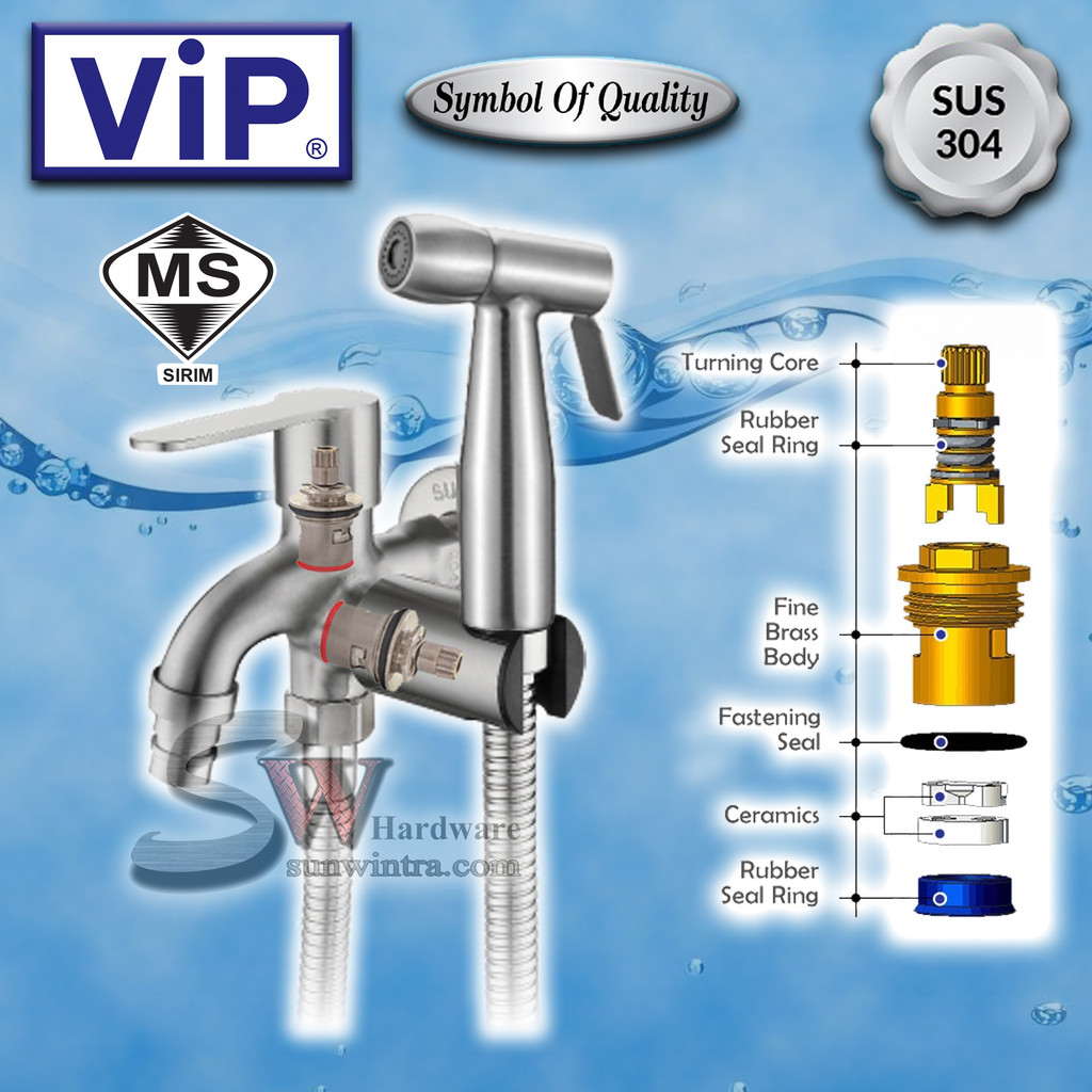 VIP SUS304 STAINLESS STEEL HAND BIDET + ANGLE VALVE SET SS-2266 SS2266 ...
