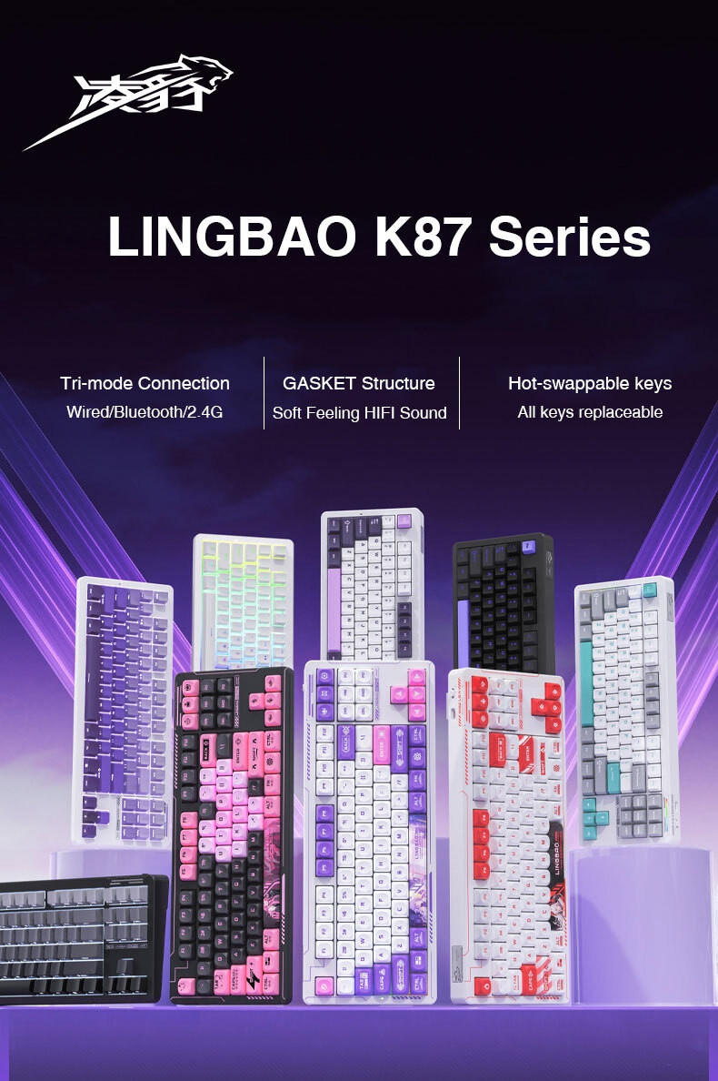 LINGBAO K87 PRO Gaming Wireless RGB Light Guide Hot-Swap Gasket E-Sport Customisable Mechanical ...