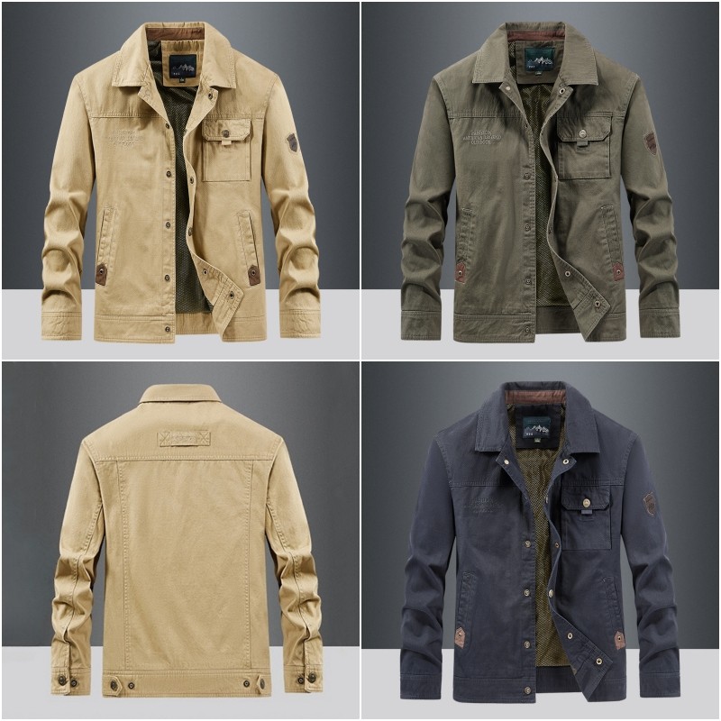 Plus size Men's Cargo Jacket Causal Multi Pockets Turn Down collar ...