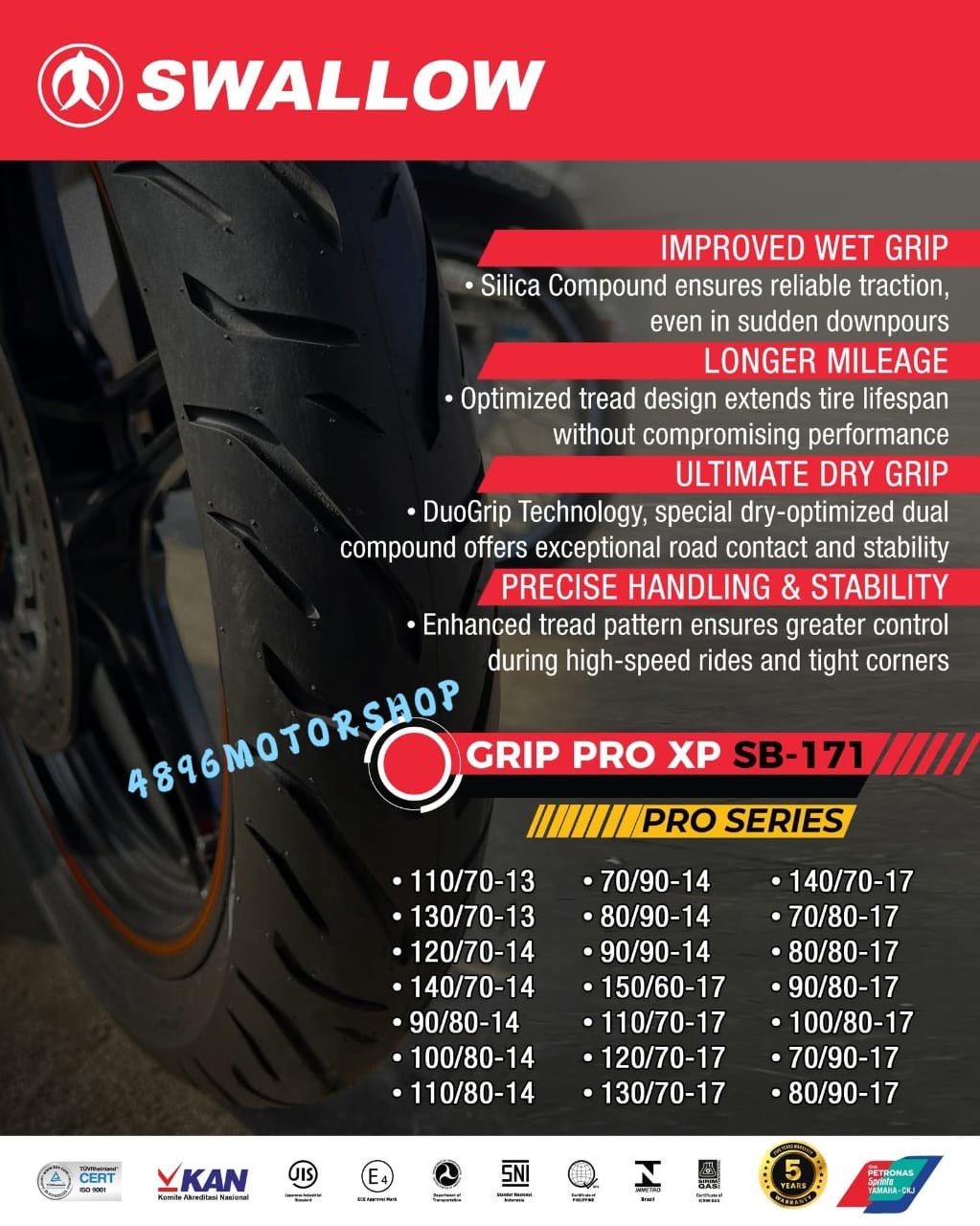 TAYAR TAHUN 2025 SWALLOW SB170 SB171 TYRE TUBELESS POWER STORM GRIP PRO XP PRO SERIES Y15 LC EX5 ...