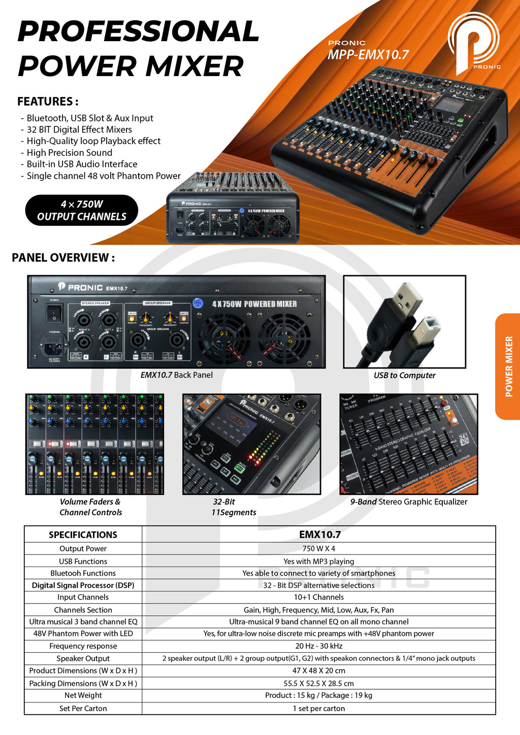 PRONIC 10 Channel Power Mixer 750W x4 with Bluetooth & Subwoofer Output ...