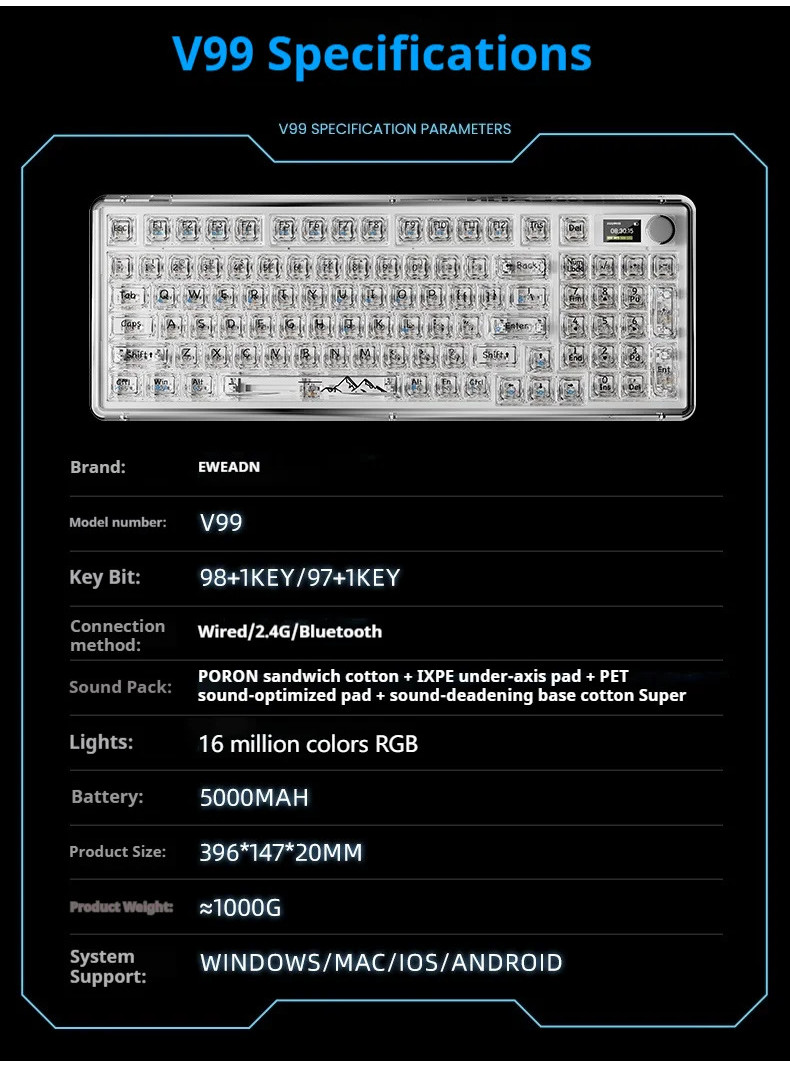 EWEADN V99 wireless transparent mechanical keyboard with knob and display, customized Bluetooth ...