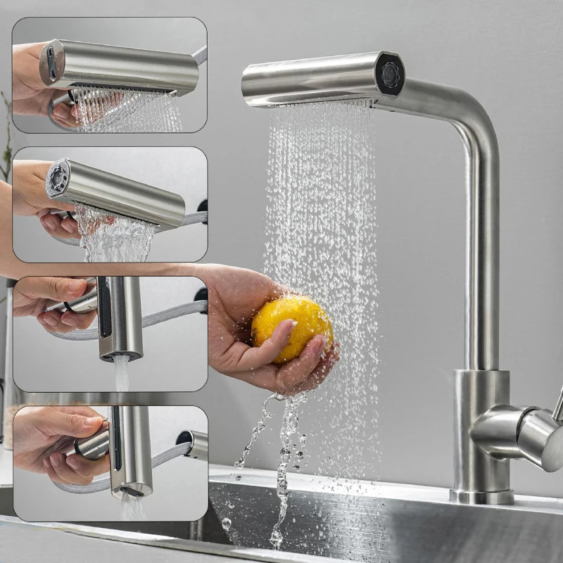 304 Stainless Steel Pull-out Kitchen Faucet Waterfall Hot And Cold ...