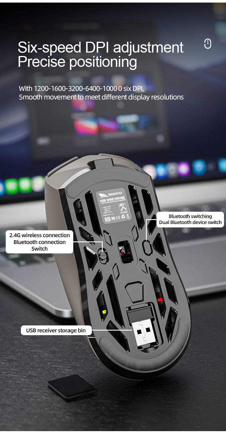SMAILWOLF RS8 1000Hz Bluetooth Mouse, 10000dpi, Three-mode Connection ...