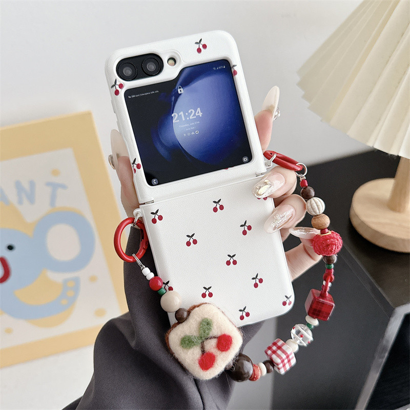 Cute Cherry Pattern Leather Hinge Case Samsung Galaxy Z Flip 6 Z Flip 5 ...