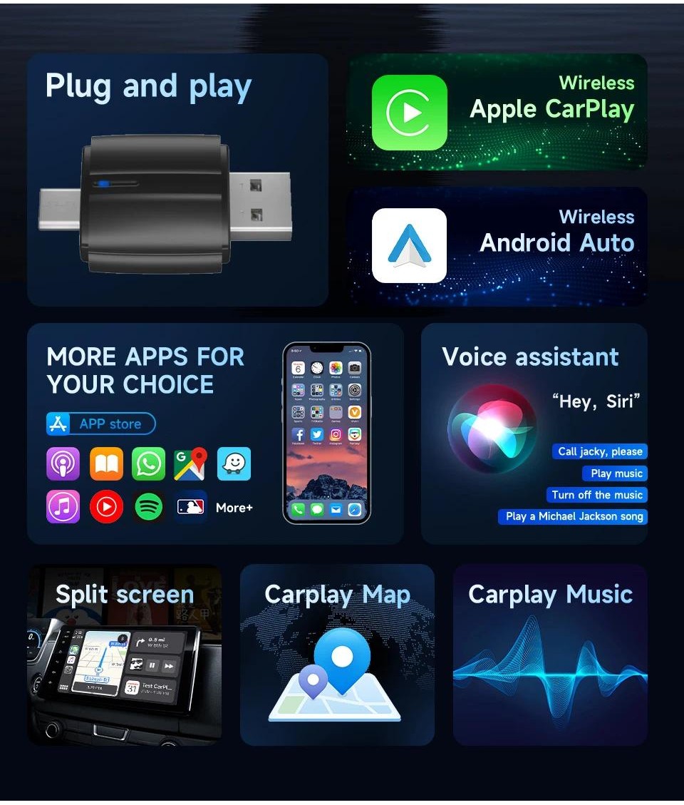 NEW 2 in1 Wireless Carplay Android Auto Wireless Adapter Smart Mini AI ...