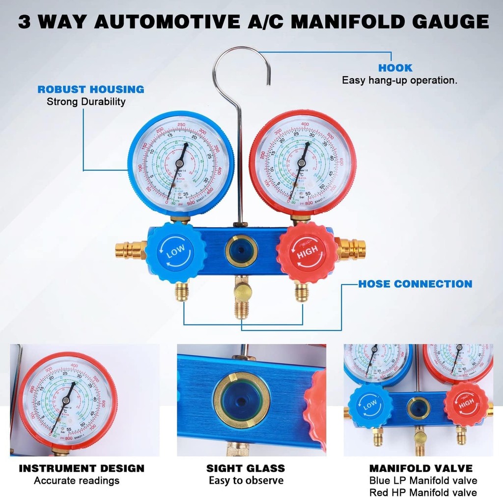 R410A R32 R22 R134A R12 Aircond Meter Set Manifold Gauge Freon Pressure Gauge AC Repair Tool Car ...