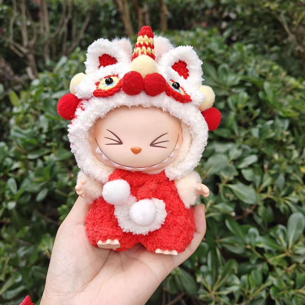 For 17cm Labubu Macaron Velvet Doll New Year Lion Dance Set Pink Gentle ...