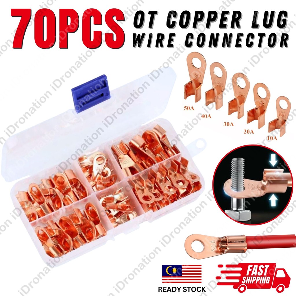 OT Copper Lugs 70PCS 10/20/30/40/50A Ring-Type Battery Terminals Open ...