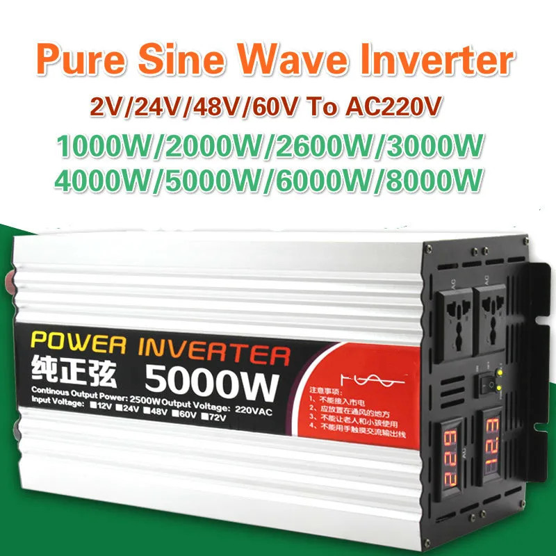 Pure Sine Wave Inverter 2000W 5000W 8000W Power Solar Car Inverter LED Display DC 12V 24V 48V ...