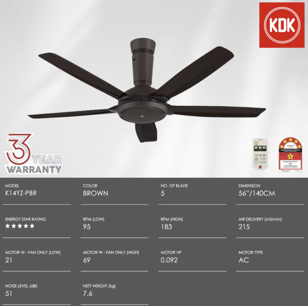 KDK K14YZ 5 BLADE 56" Z SERIES REMOTE CONTROL CEILING FAN /KDK K14XZ 4 ...