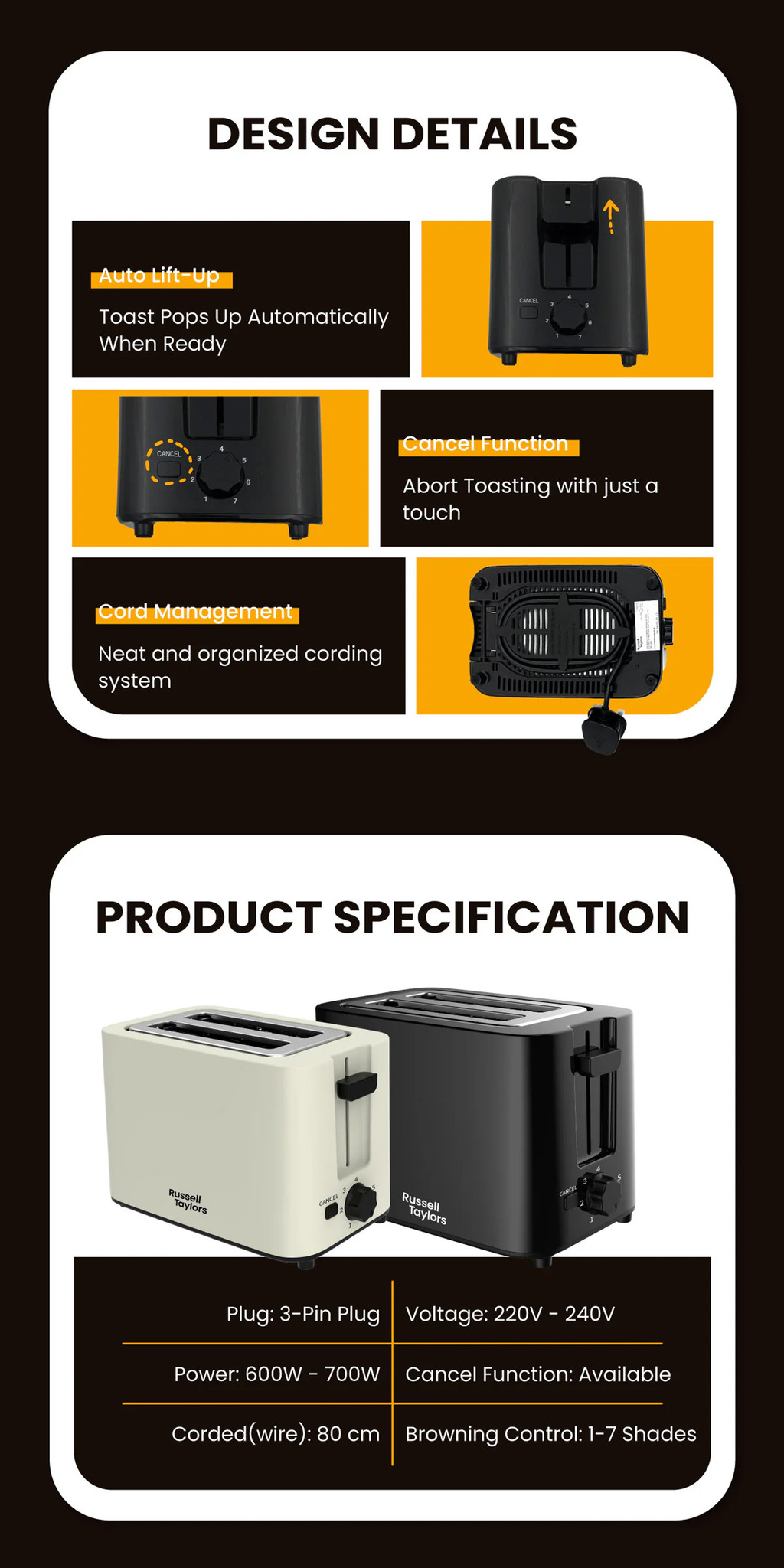 Russell Taylors 2 Slot 700 Watt Bread Toaster 7 Shades Setting T2 T2C ...