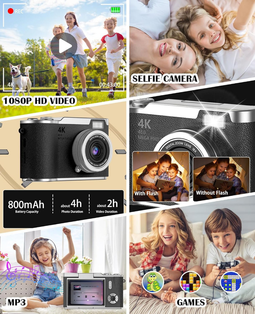 4K Digital Camera, 48MP 8X Zoom Video Camcorder, 2.4 Inch 180° Flip ...