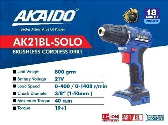AKAIDO BRUSHLESS CORDLESS DRILL AK21BL-10MM (SOLO) | Shopee Malaysia