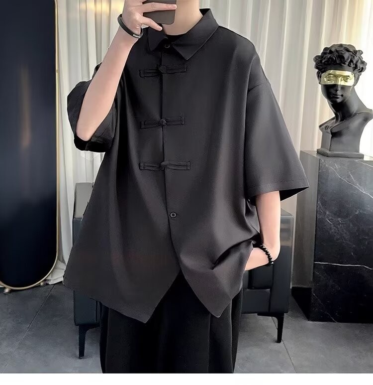 Summer ice silk buckle Hanfu men's short sleeved shirt Chinese style ...