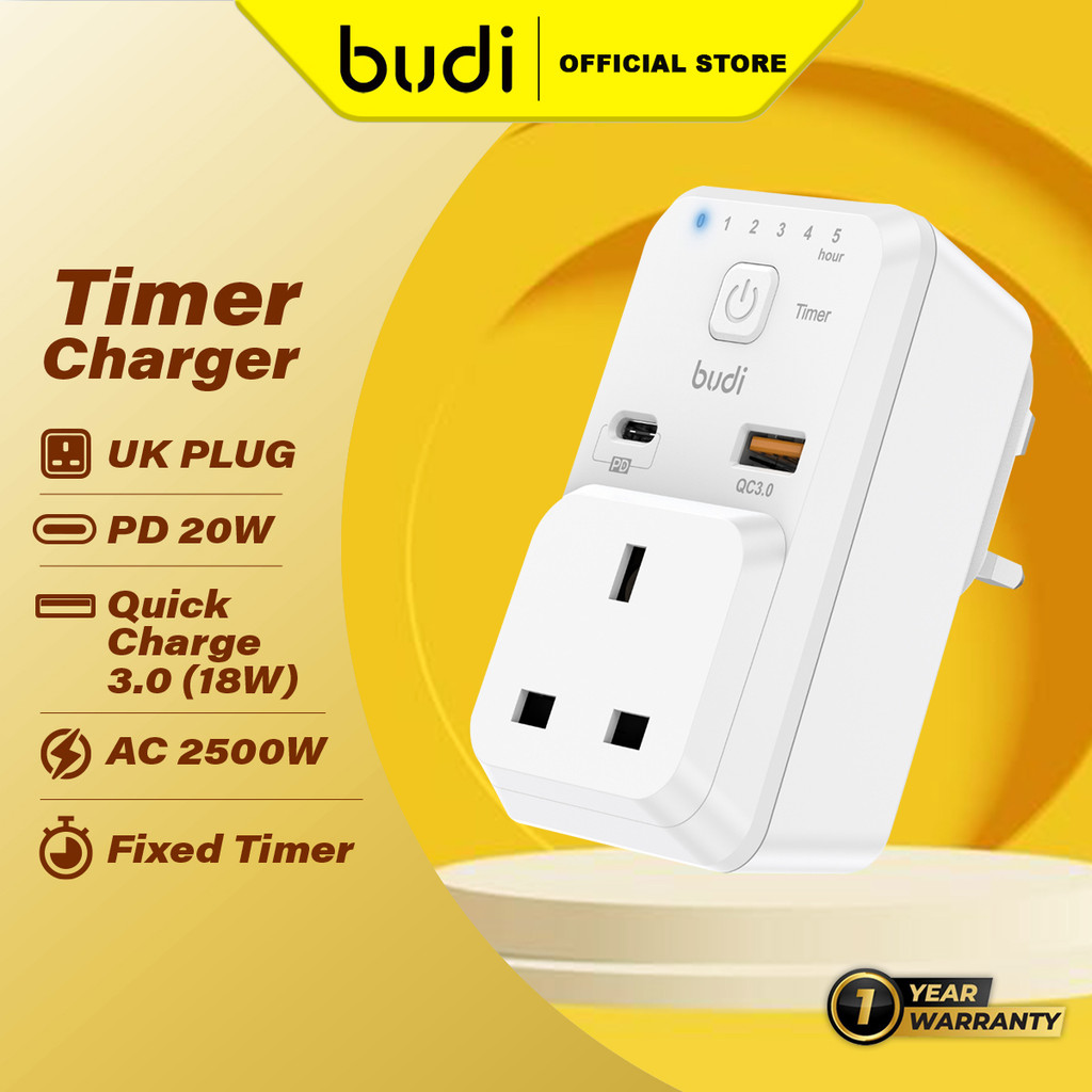 Budi 3 in 1 Timer Plug In Socket 20W PD Fast Charging Charger Adapter ...
