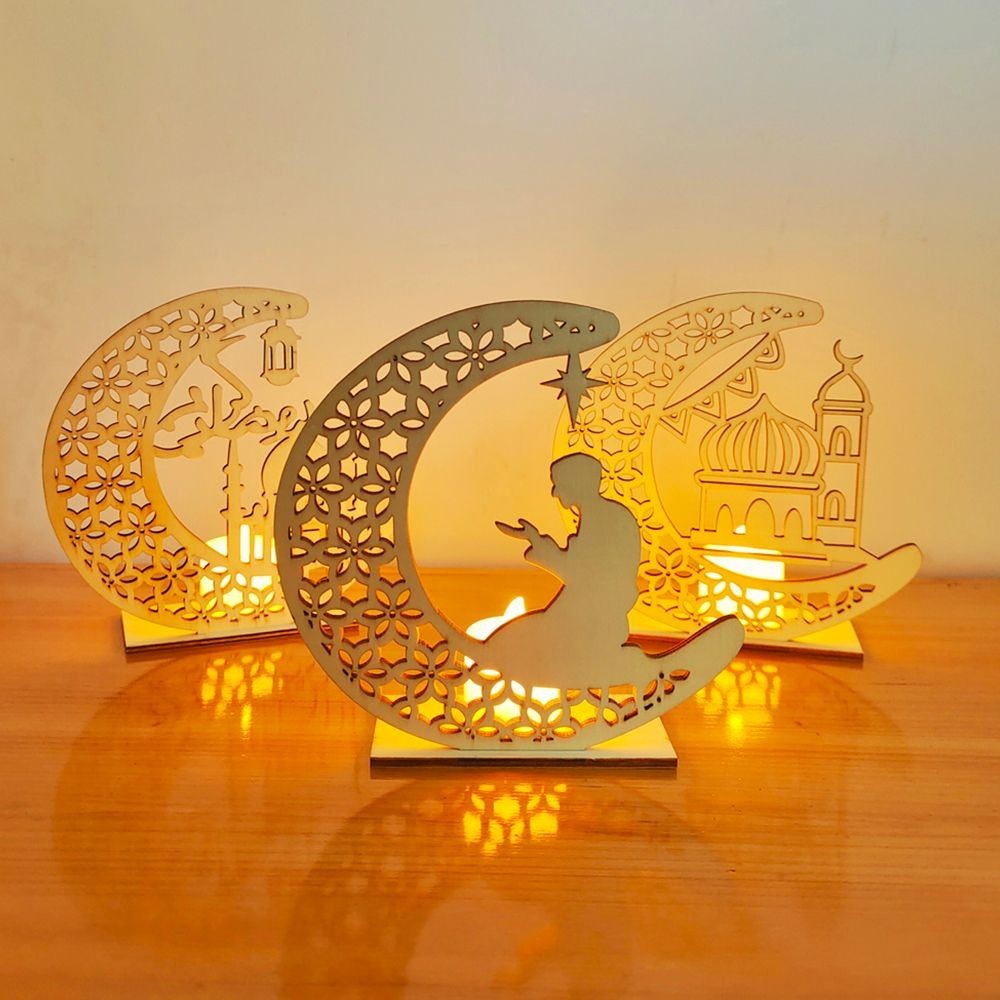 Pendant LED Light Wooden EID Mubarak Kareem Ramadan Candles Light Hari Raya LED Light Raya ...