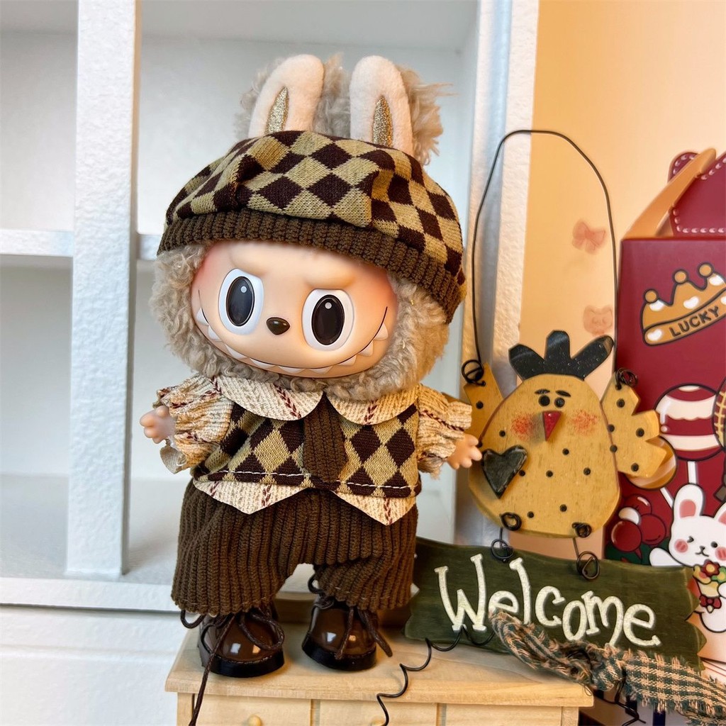 17cm Labubu Clothes Labubu Doll Sitting Party Winter Mocha Suit ...
