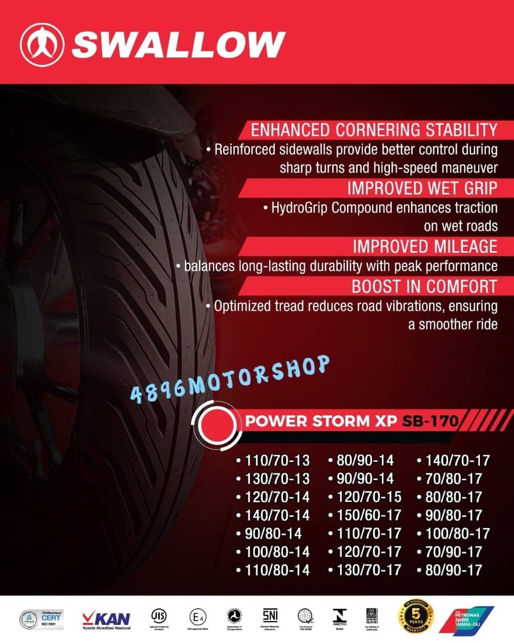 TAYAR TAHUN 2025 SWALLOW SB170 SB171 TYRE TUBELESS POWER STORM GRIP PRO XP PRO SERIES Y15 LC EX5 ...