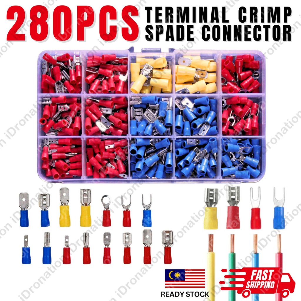 280PCS Insulated Terminal Crimp Wire Connector Spade Set Kit Butt Electrical Wire Ring Clamp ...