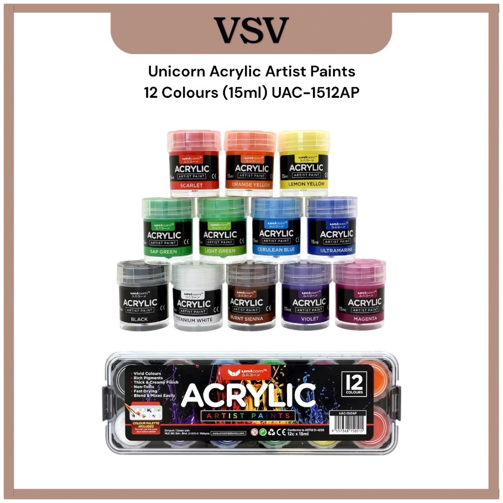 Unicorn Acrylic Artist Paint 12 Colours/ 15ML (UAC-1512AP) | Shopee Malaysia