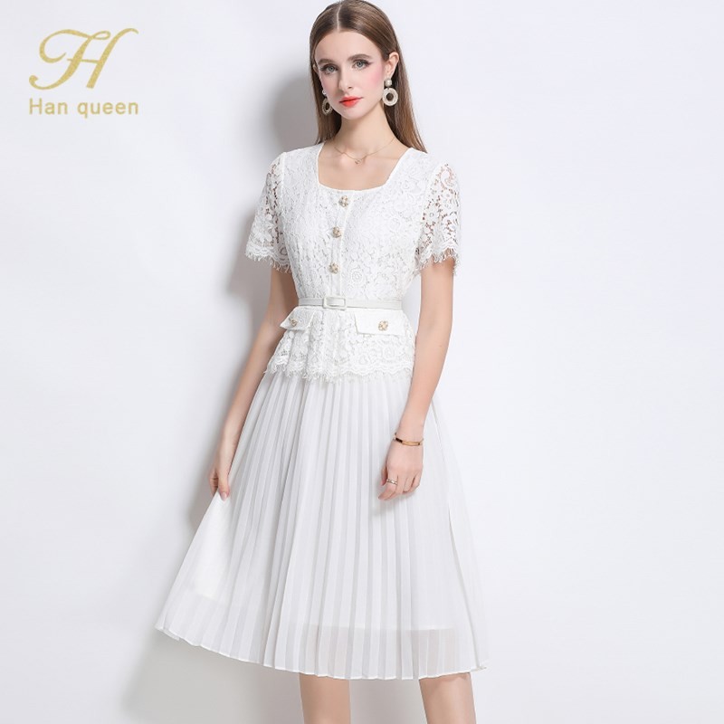 H Han Queen Summer Square Neck Big Swing Lace Splicing Mesh Single ...